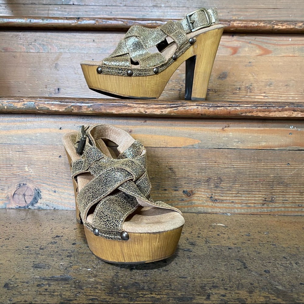 Sbicca Metallic Gold Wood Heeled Clogs - Gem